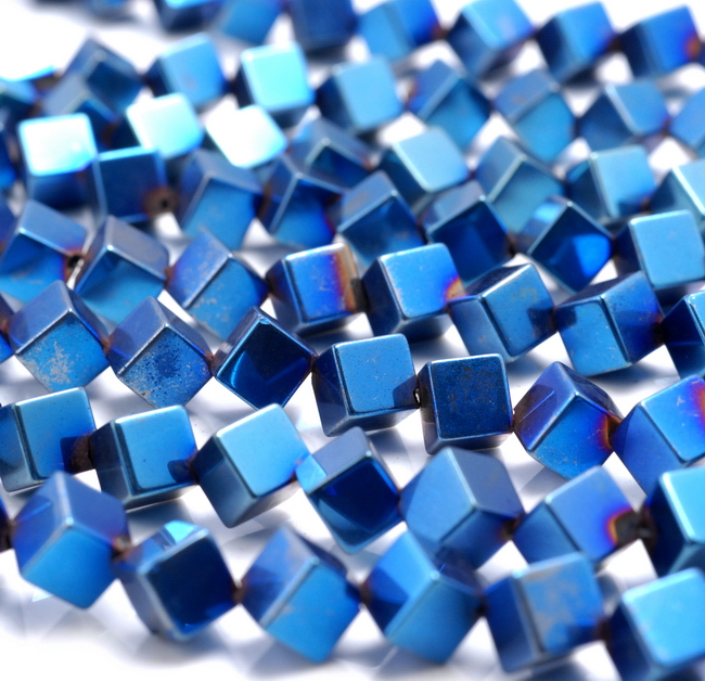 6MM BLUE HEMATITE GEMSTONE DIAGONAL-DRILL SQUARE CUBE LOOSE BEADS 16 ...